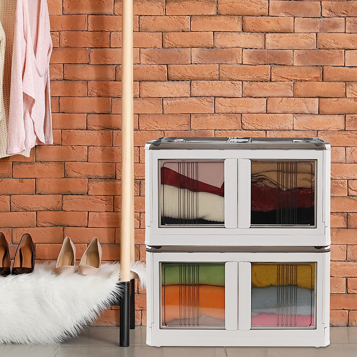 Rinboat 4 Packs 15 Gallon Collapsible Storage Bins with Wheels, Five-Door Plastic Folding Storage Box