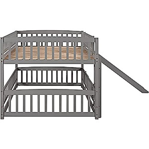 Harper & Bright Designs Low Bunk Beds Full Over Full, Wood Kids Bunk Bed with Slide, Fence and Ladder, Full Size Bunk Beds for Girls Boys, Grey