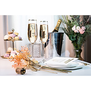 SAY HO UM Luxury Crystal Wedding Champagne Glasses for Toasting | Gold Mr Mrs Toast Flutes Set for Bride and Groom | Elegant Gift for His and Hers Engagement, Bridal Shower, Couple Anniversary