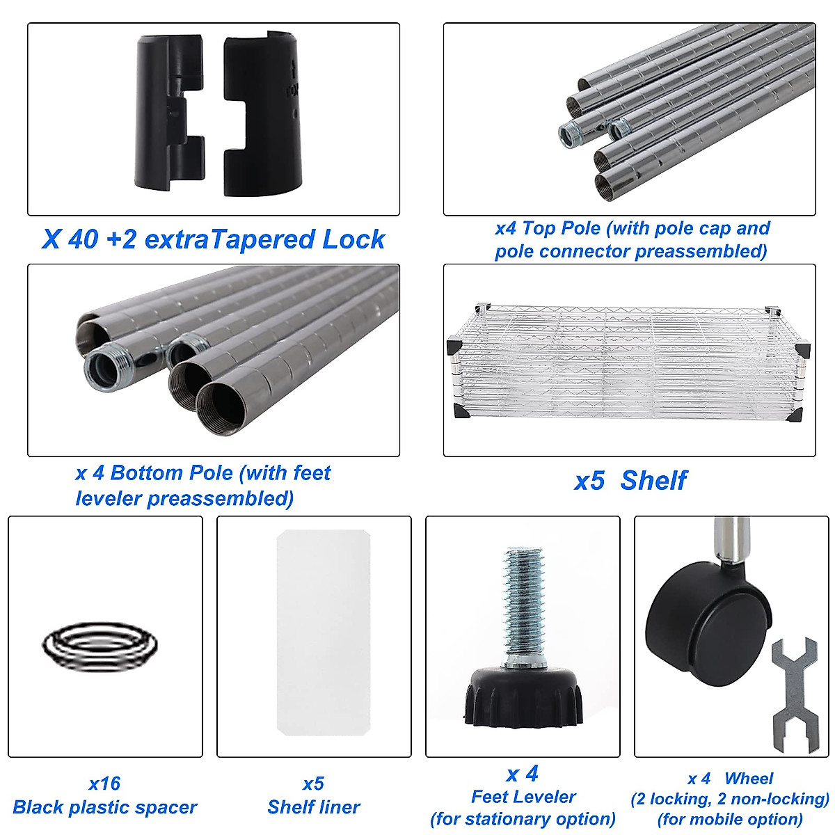 QYISIUY 5 Tier Shelf Wire Shelving Unit, NSF Heavy Duty Wire Shelf Metal Large Storage Shelves Height Adjustable Utility for Garage Kitchen Office Commercial Shelving Steel Layer Shelf - Chrome