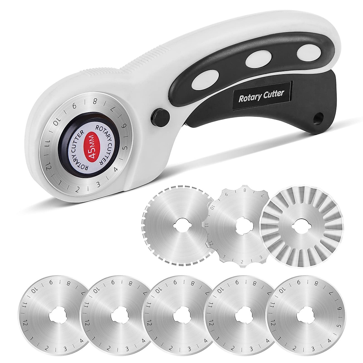 WhisperDream 45mm Rotary Cutter - White Rotary Cutter with Ergonomic Safety Design - 8 Extra Replacement Blades Included, 45mm Rotary Cutter Great for Sewing, Quilting Supplies, Fabric and Crafts