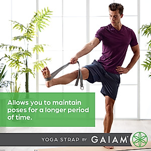 Gaiam Yoga Strap 8ft Stretch Band with Adjustable Metal D-Ring Buckle Loop - Exercise & Fitness Stretching for Yoga, Pilates, Physical Therapy, Dance, Gym Workouts (Black)