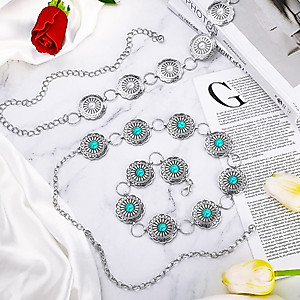 Kigeli 2 Pcs Women Western Belt Flower Turquoise Chain Belt Adjustable Waist Belts Turquoise Belt Silver Metal Western Belts(Novelty Style)