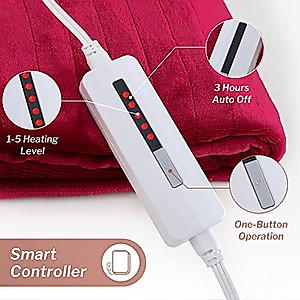 CORIWELL Heated Blanket Electric Throw - 50" x 60" Full Body Size Heating Blanket - 5 Heating Setting Soft Flannel Electric Blanket with 3 Hours Auto Shut Off, Machine Washable(Rose Red)
