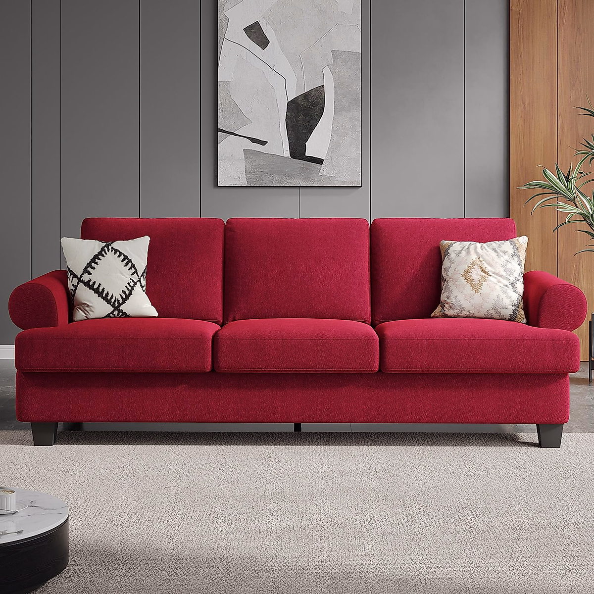 COPIAE 91 Inch Lawson Sofa with Extra Deep Seats Oversize, 3-Seat Sofa Couch, Couches for Living Room, Mid-Century Modern, Apartment Lounge, Red Sofas for Living Room