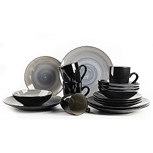 HomeVss, Stoneware Sonoma 16pc Dinnerware Set, Black + Speckled Spin Wash Grey