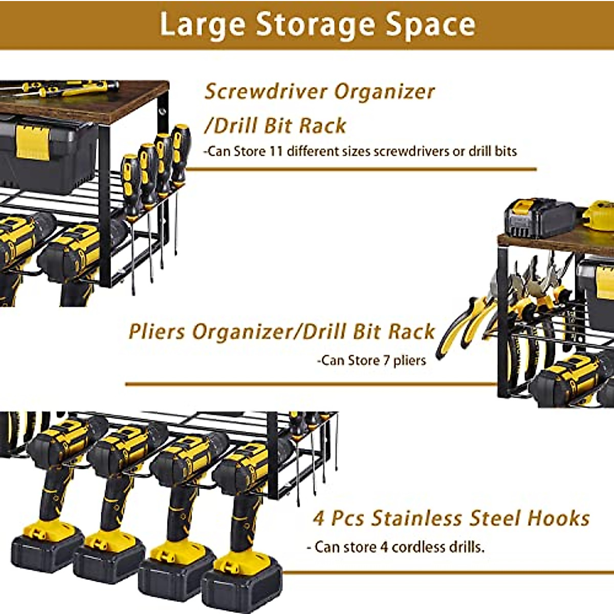 NIUXX Power Drill Tool Organizer Wall Mounted, Garage Storage Rack for Handheld Power Tools, Heavy Duty Floating Utility Tool Storage Shelf with Side Screwdriver for Garage, Home, Workshop
