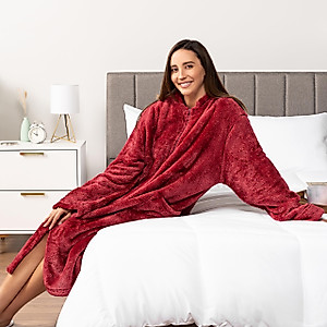 PAVILIA Womens Housecoat Zip Robe, Sherpa Zip Up Front Robe Bathrobe, Fuzzy Warm Zipper House Coat Lounger for Women Ladies Elderly with Pockets, Fluffy Fleece Long - Wine Red (Large/X-Large)