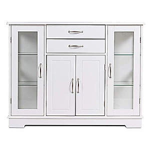Giantex Sideboard Buffet Server Storage Cabinet W/ 2 Drawers, 3 Cabinets and Glass Doors for Kitchen Dining Room Furniture Cupboard Console Table (White)