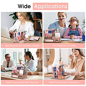 Rose Gold Desk Organizers and Accessories, Office Supplies with Calculator, Acrylic Stapler, Pen Holder, Clips, Scissor Pen, Mesh Desktop Organizer with Drawer for Women, Student, Office, School