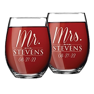 Set of 2 Mr and Mrs Personalized Stemless Wine Glasses - Engraved Custom Monogrammed Glassware Gifts