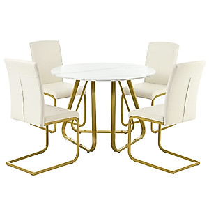 BIADNBZ 5-Piece Round Table Set for 4 with Faux Marble Tabletop and Four Chairs with Metal Legs for Dining, Kitchen&Living Room, White