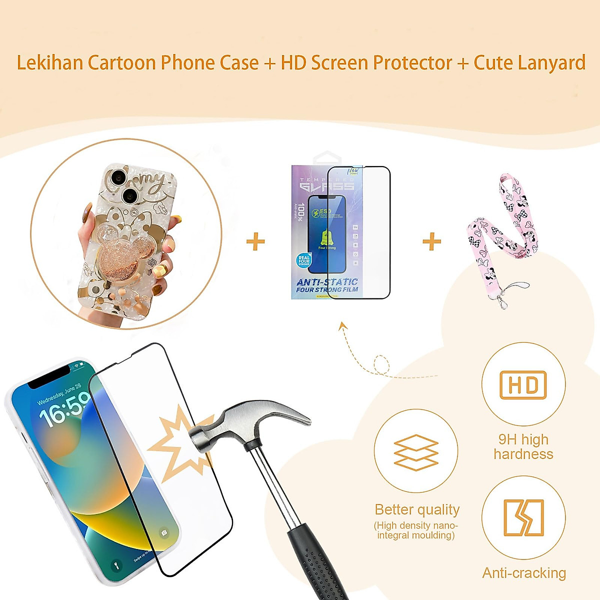 Lekihan Cartoon Case for iPhone 14 6.1 with HD Screen Protector and Lanyard and Bling Sparkle Phone Stand Cute Phone Case for Girls Women (for iPhone 14)