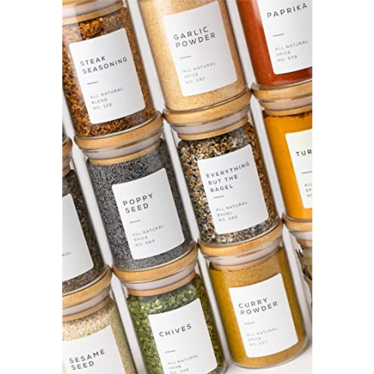 Bloomondo Empty Spice Jars with Label Pack (12x Bamboo Lid Glass Jar). Small 6oz Spice Storage Bottles with 112 Printed Spice Stickers and 48 Writable Pantry Labels for Seasoning Containers