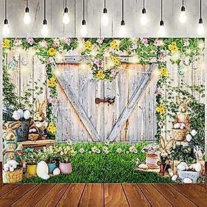 8x6ft Easter Spring Backdrop, Rustic Wooden Door Wall Bunny Rabbit Eggs Flower Greenery Photography Background Baby Shower Kids Birthday Party Decor Portrait Banner Photo Booth Studio Props
