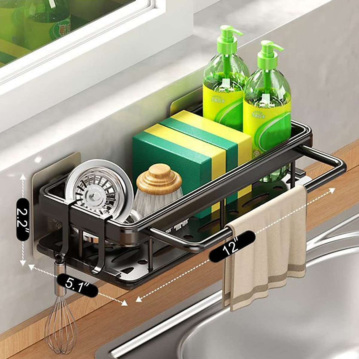 YOMEAN Self Adhesive Sponge Holder, Kitchen Wall Mount Sink Caddy Aluminum Drying Drain Rack Storage,Peeler, Brush, Soap, Cloth Rag,Towel Organizer with Removable Drip Tray for Countertop,No Drilling