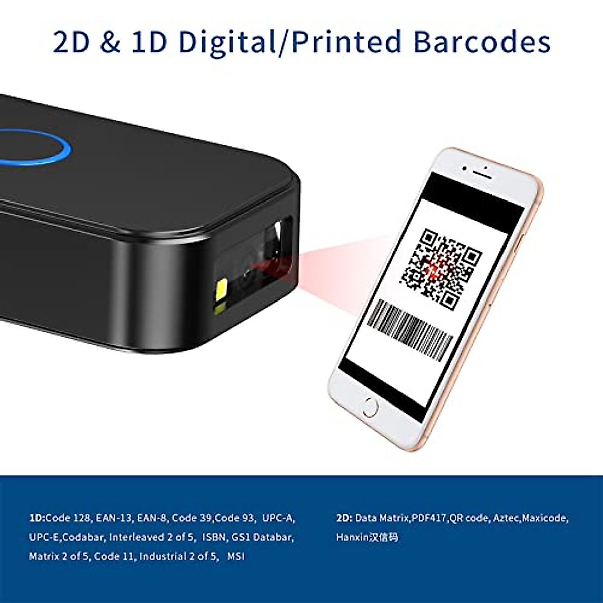 2D Bluetooth Barcode Scanner Wireless Bar Code Scanner QR 3-in-1 Bluetooth/USB Wired/2.4G Wireless Barcode Reader 1D QR Code Scanner for Inventory Code Image Reader for Tablet iPhone iPad Android PC