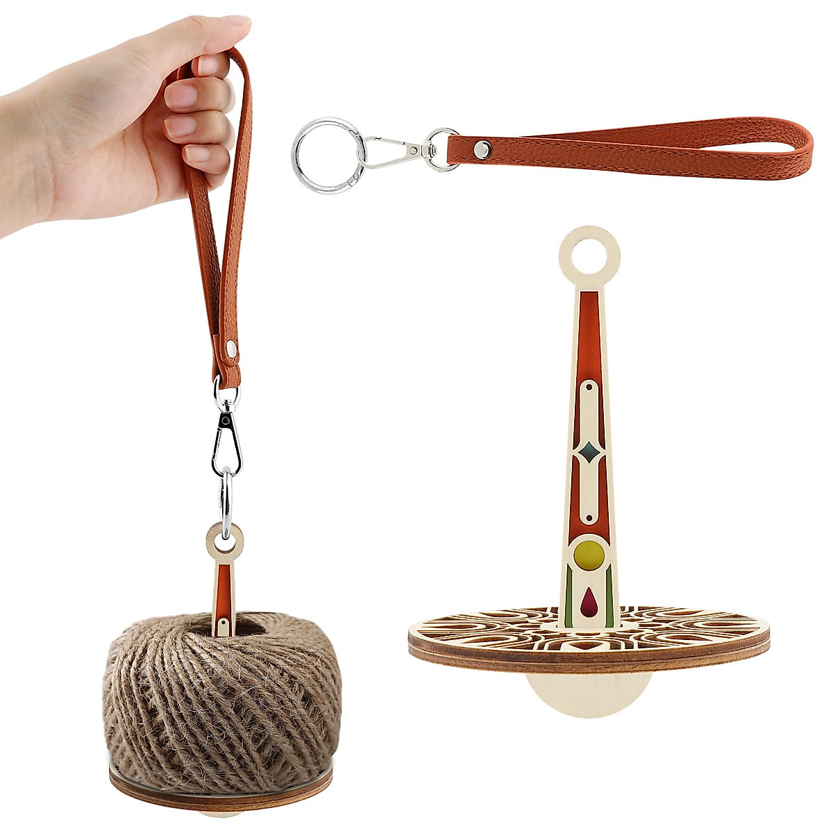 Portable Wrist Yarn Holder Yarn Spinner for Crocheting Wrist Yarn Ball Minder Stand with Leather Wristband Wooden Twirling Mechanism Spinning Needles for Knitting Crocheting