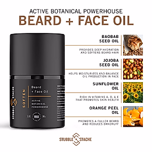 stubble & stache Hydrating Beard & Face Oil for Men – Unique Blend of Cold-Pressed Oils to Soften, Hydrate, and Refresh Skin & Beard – Naturally Scented, Perfect for Daily Grooming – 1 fl oz