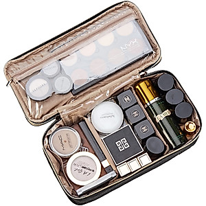 NISHEL Double Layer Makeup Bag Large Travel Cosmetic Case, Makeup Organizer for Lots of Brushes, Portable Toiletry Bag for Women and Girls, Black