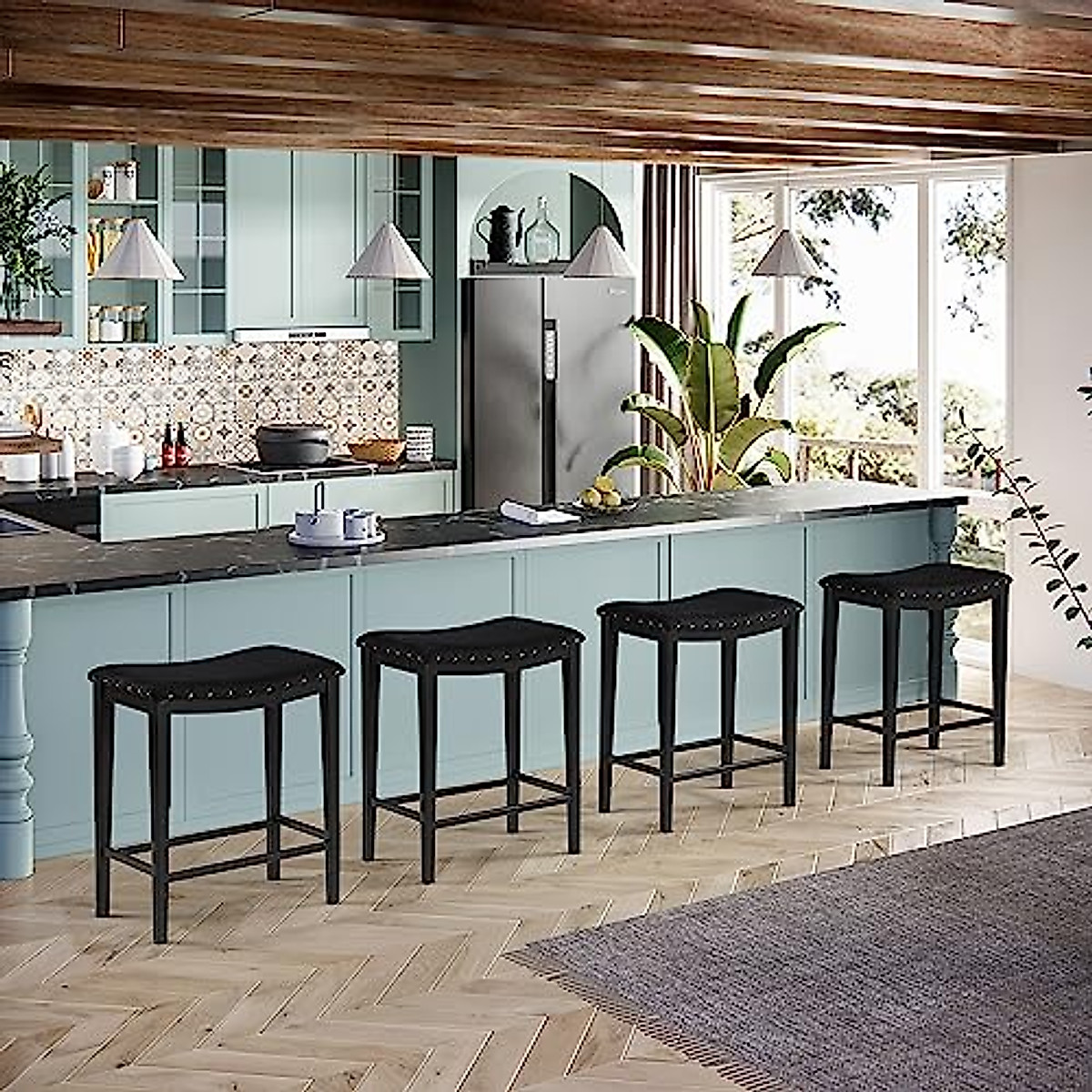 KATDANS Black Bar Stools Set of 2 Counter Height 24 Inches Backless Barstools for Kitchen Counter Modern Saddle Stools Velvet Nailhead Upholstered Stools, KS718PBK, 2Pcs