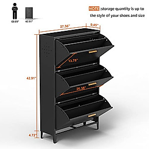 silkight Shoe Cabinet for Entryway, Freestanding Shoe Rack Metal Shoe Storage Cabinet with 3 Flip Drawers & Adjustable Shelf, Modern Slim Black Shoe Organizer Cabinet for Heels, Boots, Slippers