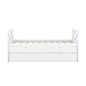 LZ LEISURE ZONE Twin Size House Bed, Solid Wood Platform Bed with Trundle, 3 Storage Drawers and Roof, White