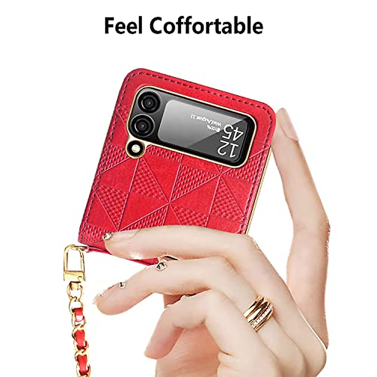 SHIEID Genuine Leather Galaxy Z Flip 4 Case with Chain, Noble Temperament, Diamond Shape Design Fine Texture Z Flip 4 Case for Samsung Galaxy Z Flip 4, Brown