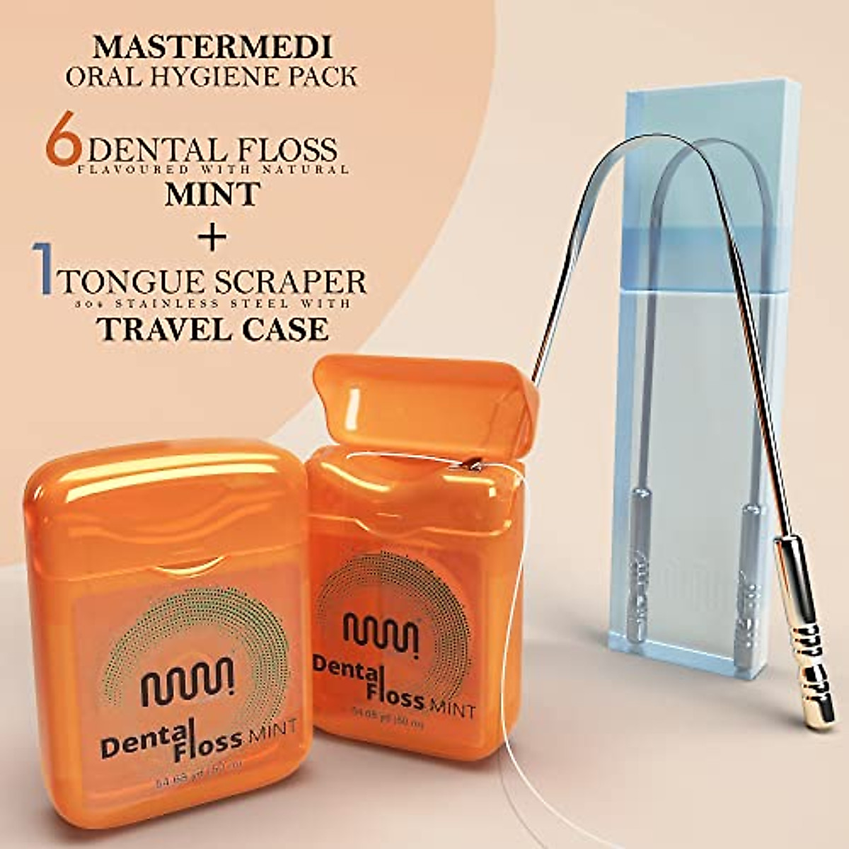 MasterMedi Mint Dental Floss for Bad Breath Treatment, Pack of 6, 50 M Dental Floss Waxed for Effective Plaque Removal & Fresh Breath | 1 pc Tongue Scraper with Travel Case for Complete Oral Care