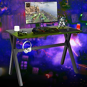 Tangkula Computer Desk Gaming Desk, Ergonomic E-Sports Desk with Cup & Headphone Holder and Mouse Pad, Gamer Workstation with Carbon Fiber Surface and X-Shape Steel Frame, Home Office Desk (Black)