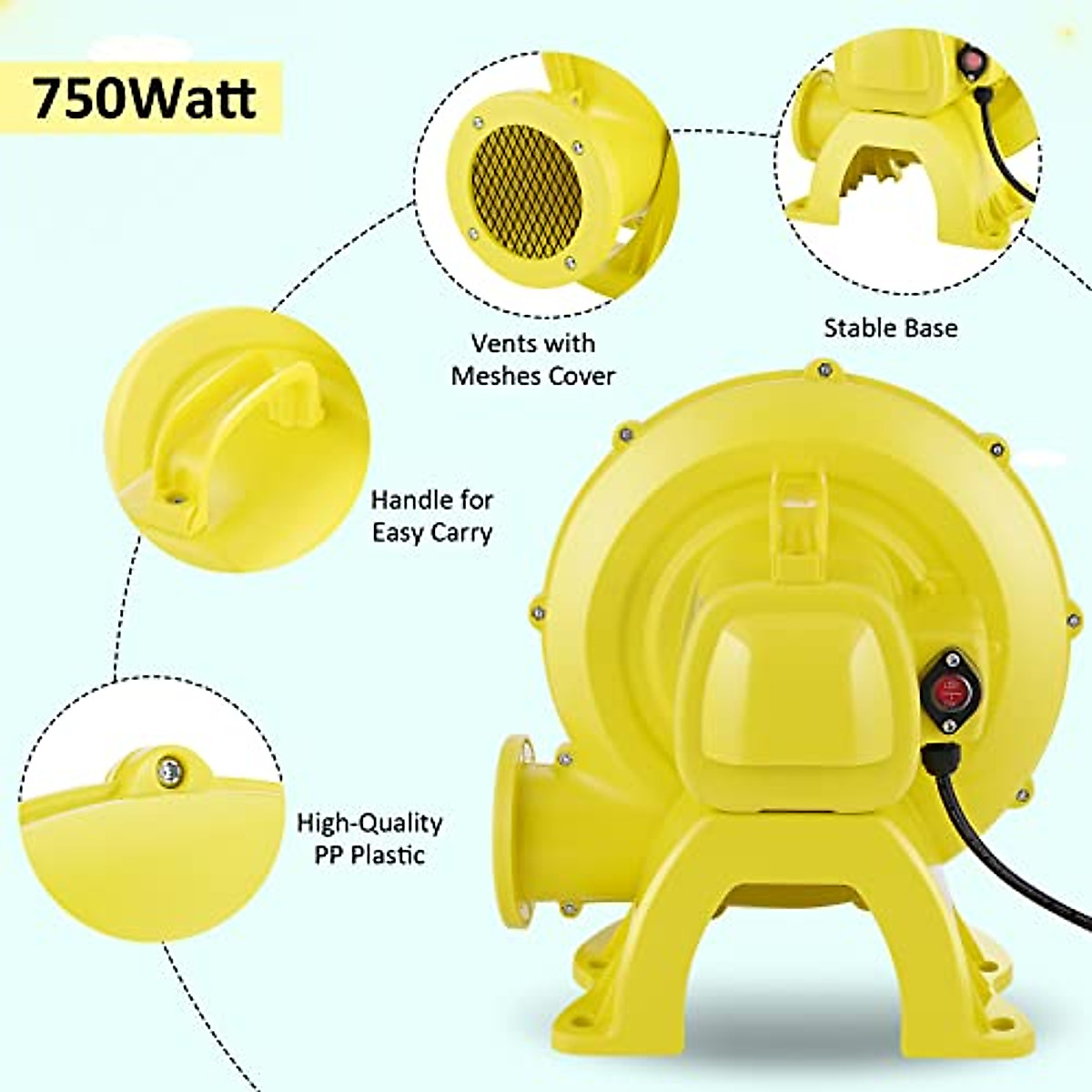 Air Blower for Inflatables- Inflatable Blower 450 Watt,0.6 HP Bounce House Blower for Jumper, Bouncy Castle Yellow Electric Air Pump Fan Commercial Blower
