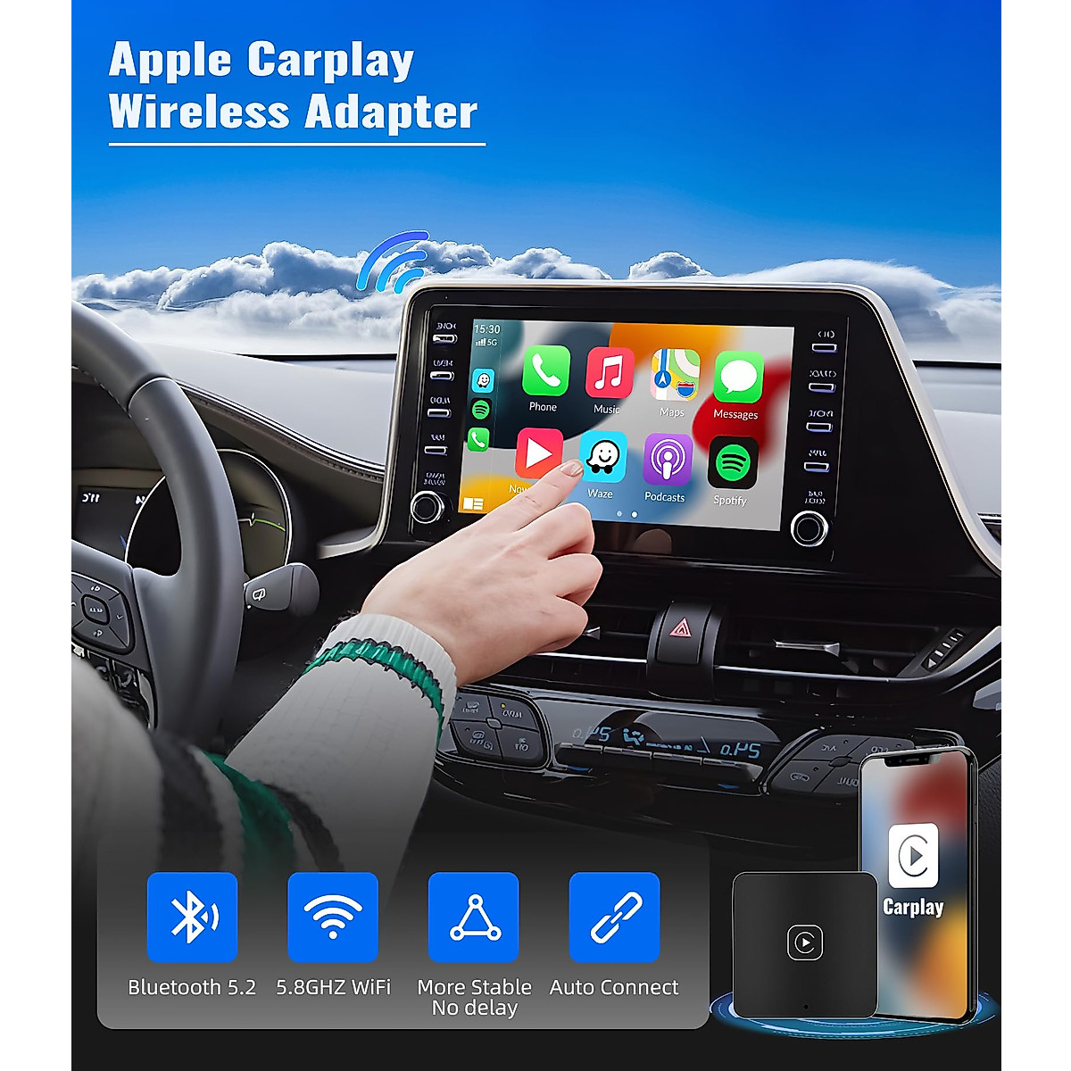 CAMECHO Wireless CarPlay Adapter for All Factory Wired CarPlay, Apple Carplay Wireless Dongle, Carplay Wireless Adapter for iPhone, 5Ghz WiFi, Plug & Play, Auto Connect, Carplay Box