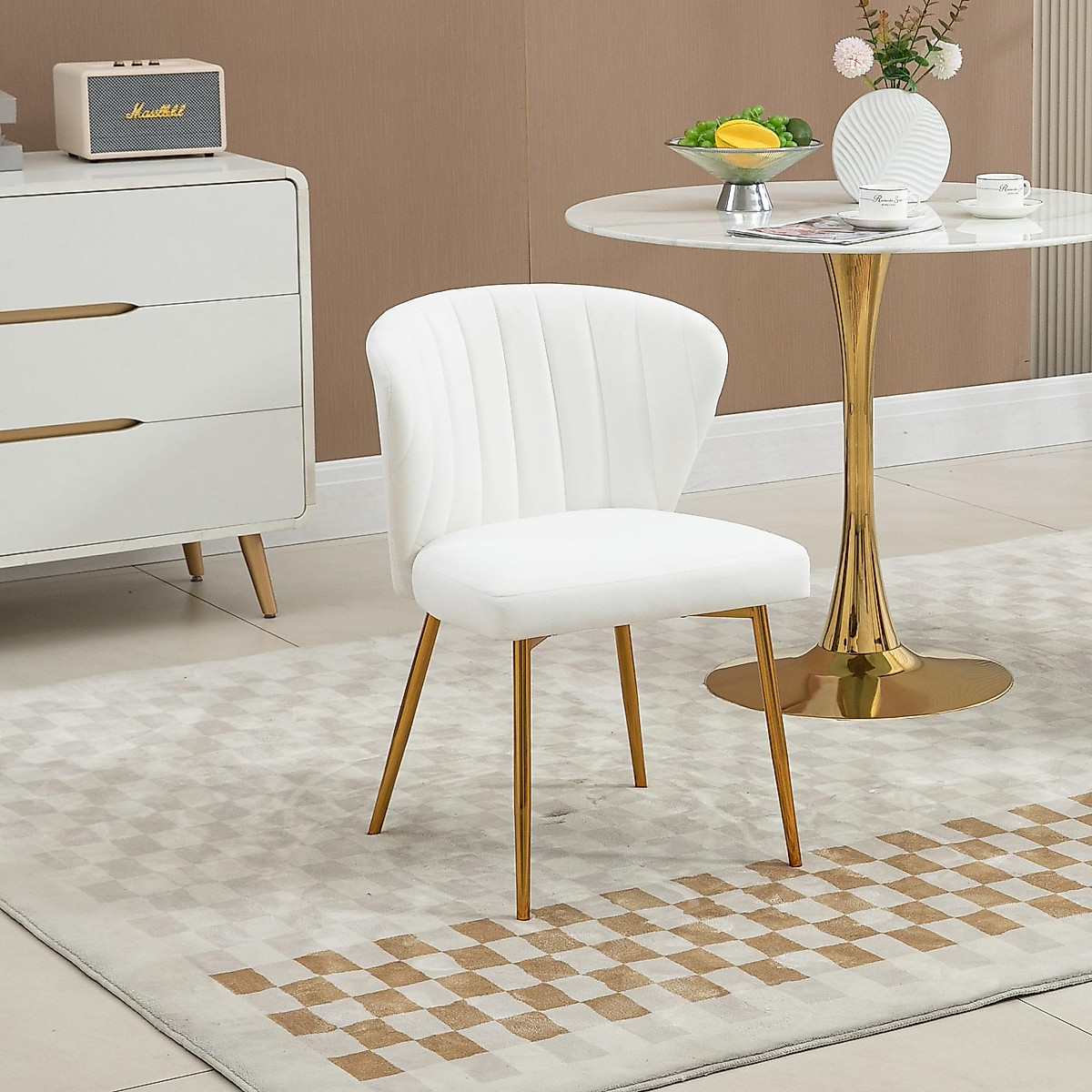 KASUE Velvet Dining Chairs Set of 4 – Golden Metal Legs & Tufted Upholstery - Modern Dining Chairs for Your Dining Room, Kitchen, Vanity.White