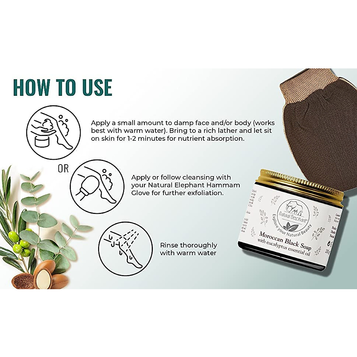 Natural Elephant Moroccan Black Soap With Eucalyptus Essential Oil 200g (7oz)