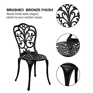 Polar Aurora 3 Piece Aluminum Patio Bistro Set Cast Aluminum Bistro Table Set Outdoor Round Dining Table with Umbrella Hole for Porch, Lawn, Garden, Backyard, Pool, Classic Black