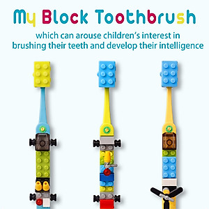Dr.RAY Kids Toothbrush with Building Blocks and Toothbrush Covers, Extra Soft, Ages 6+ (Pack of 3, Multi-Colored)