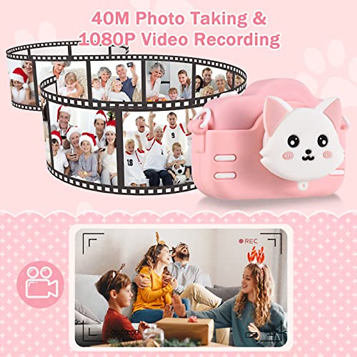 Wennzy Mini Cartoon Kids Digital Camera 1080P Digital Video Camera for Kids Dual Lens 2.0 Inch IPS Screen 4X Zoom Built-in Battery, Perfect Birthday for Boys Girls