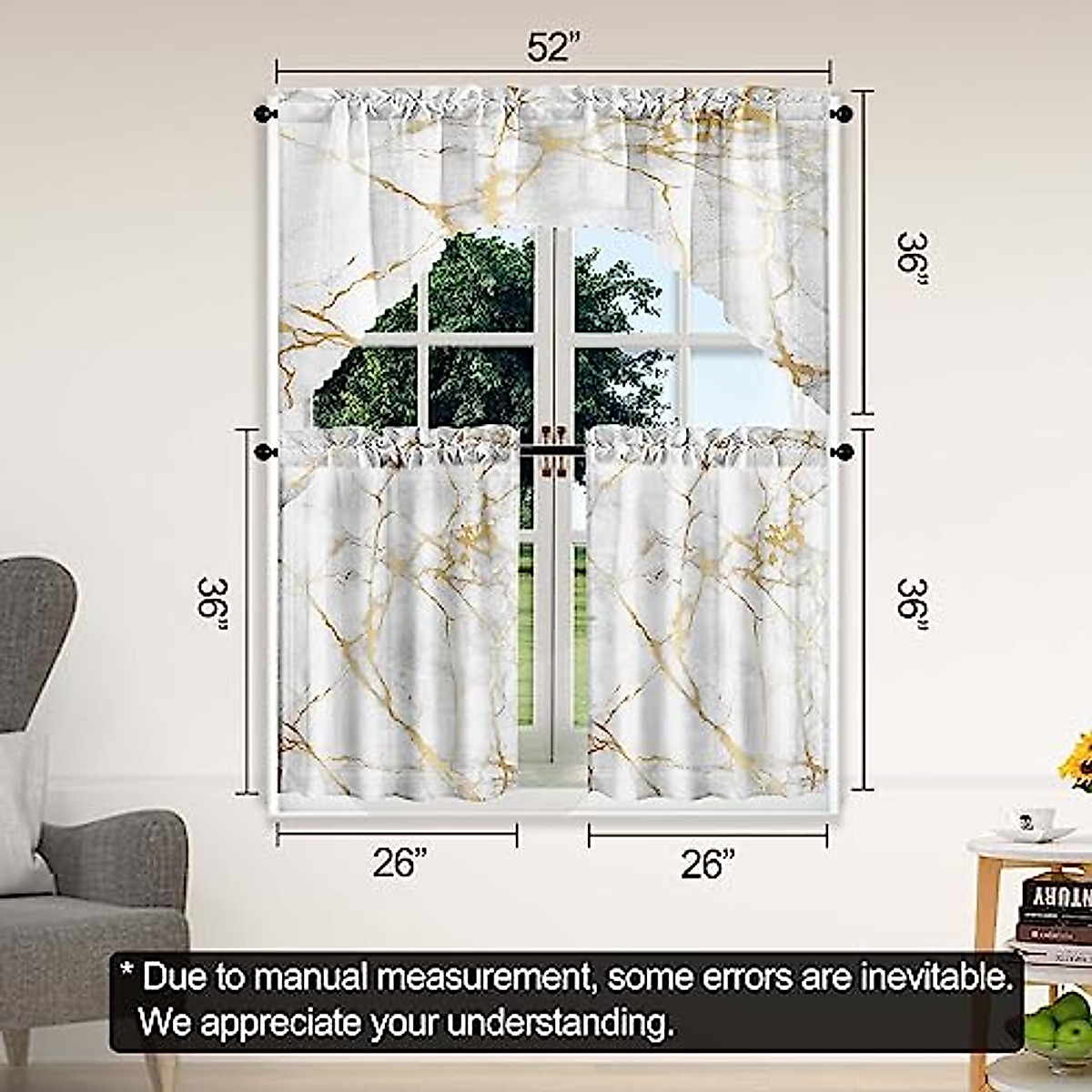 ULQUISNCE Marble Luxury Gold Tier and Swag Window Curtain Set, 3Pcs Kitchen Curtain Marble Art Valance Set White Rod Pocket Curtain for Kitchen Window Modern Unique Patterns