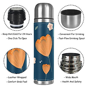 Stainless Steel Leather Vacuum Insulated Mug Flower Thermos Water Bottle for Hot and Cold Drinks Kids Adults 16 Oz