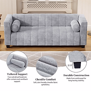 Merax 78.7'' Simplified 3-Seater Upholstered Sofa, Modern Chenille Fabric Couch for Living Room, Bedroom, Salon, Light Gray