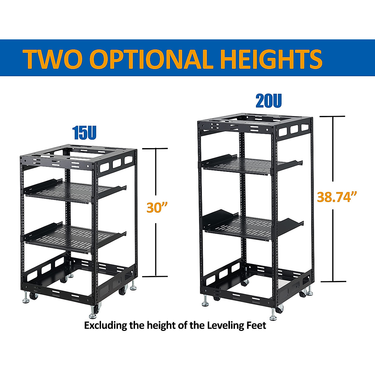 Tedgetal 20U Open Frame Rack for Servers & AV Gear - Wall Mountable Design Includes 2X Vented Shelves, 4X Leveling Feet, 4X Casters