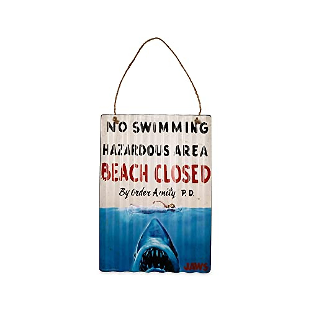JAWS "Beach Closed" Corrugated Tin Sign Hanging Wall Art | Steven Spielberg Classic Movie Gifts and Collectibles | 12 x 16 Inches