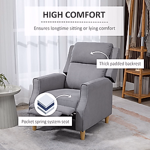 HOMCOM Fabric Recliner Chair, Modern Push Back Reclining Chair, Accent Lounge Arm Chair with Footrest, Solid Wood Legs, Gray