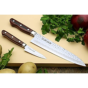 Yoshihiro VG-10 16 Layer Hammered Damascus Stainless Steel Gyuto 8.25'' (210mm) Japanese Chefs Knife & Paring Utility Knife 3.2'' (80mm) SET