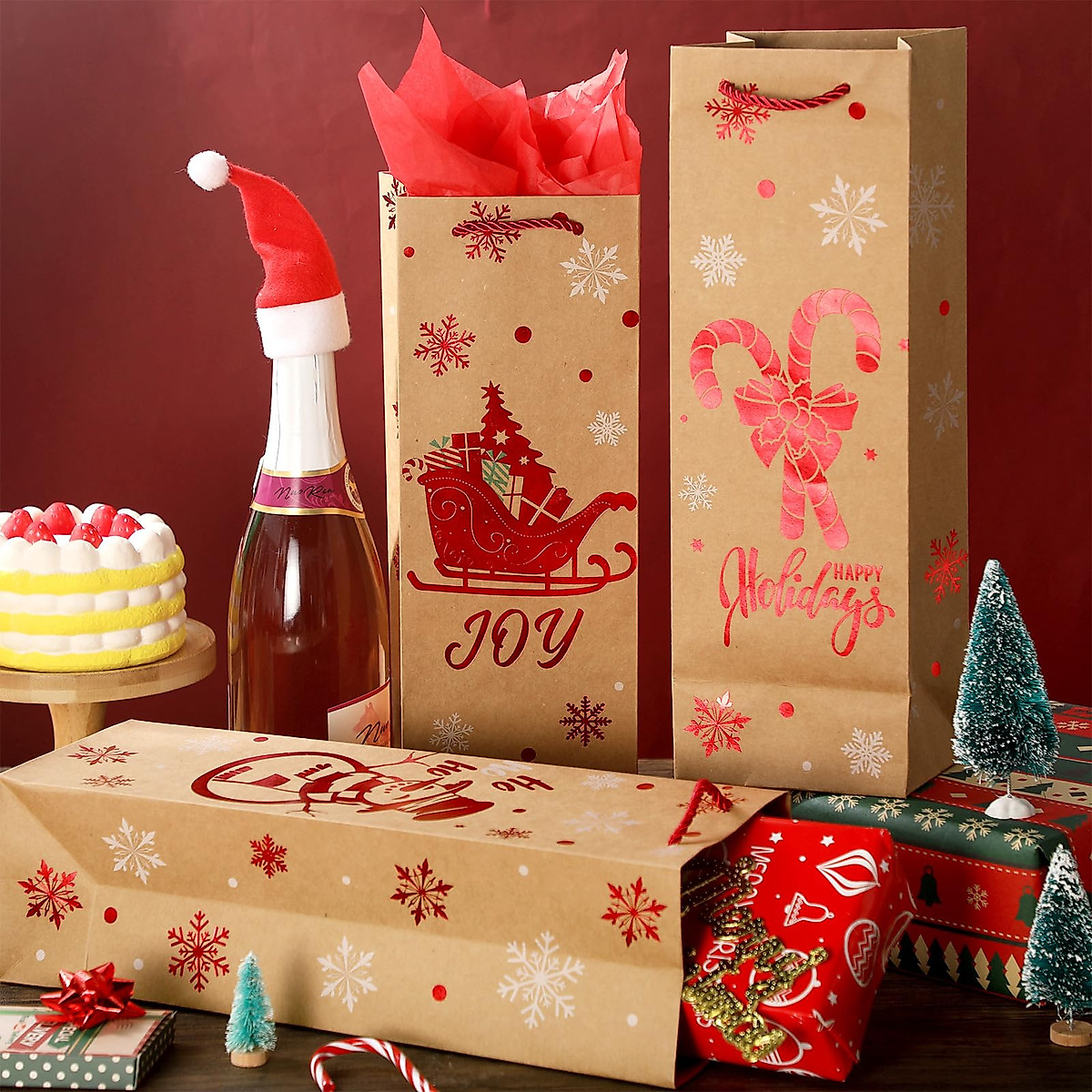Pasimy 12 Pcs Christmas Wine Bags with Tissue Paper Christmas Red Foil Kraft Paper Wine Gift Bags with Handles Paper Assorted Design Wine Bags Gift Holiday for Bottle Wrapping Birthday Wedding Party