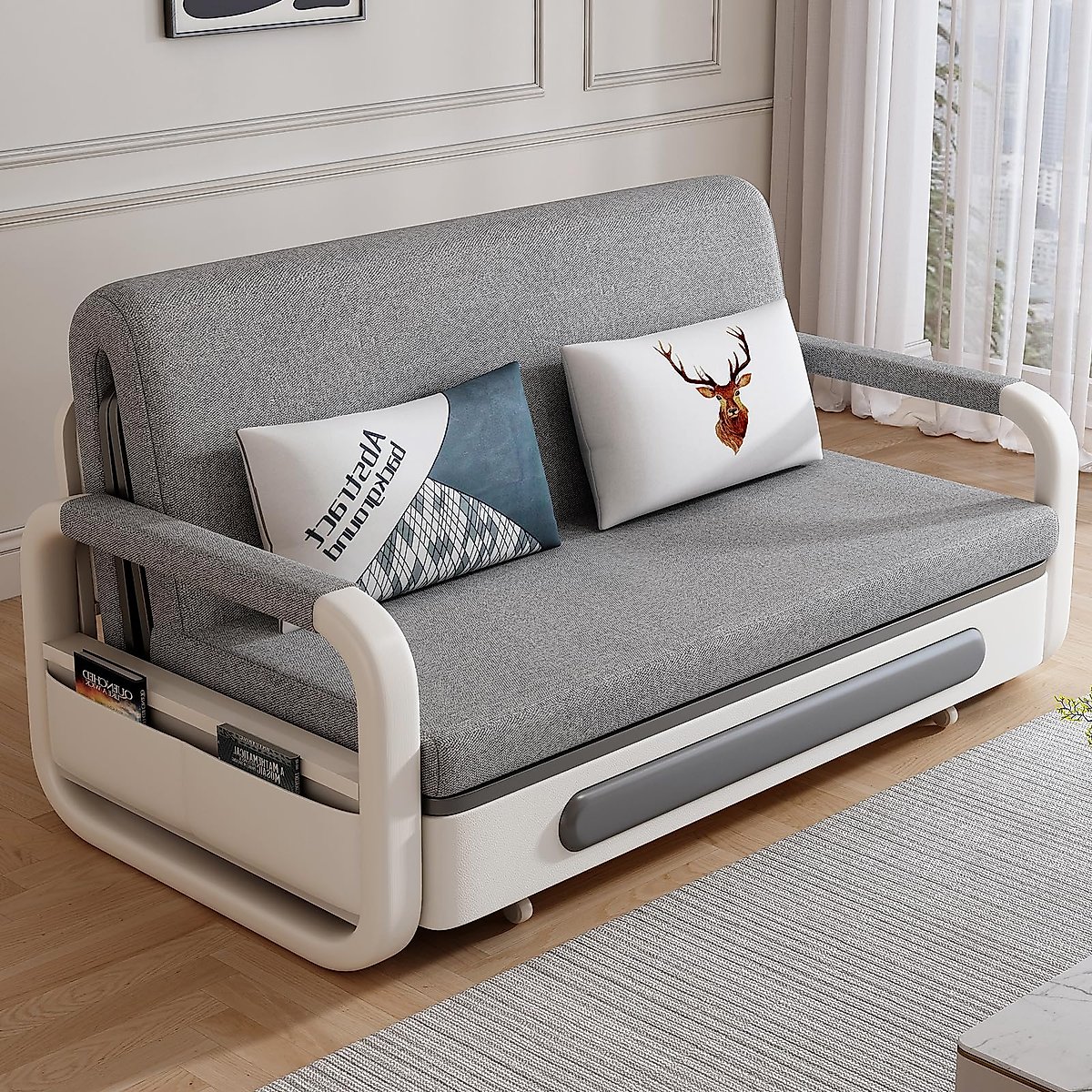 Etelifrank Put-Out Sofa Bed Futon，2-in-1 Convertible Sofa Couch with Storage，Foldable Linen Fabric Loveseat RV Sofa Bed for Small Place，Living Room，Apartment, Lounge(60''Lx34.25''Wx37.4''H)