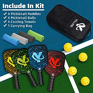 YILLOG Pickleball Paddles,USAPA Approved Pickleball Paddle Set 4,Fiberglass Surface Pickleball Set,4 Pickleball Balls,4 Cooling Towels,Bag,Pickle Ball Paddle Men Women Red/Blue/Green/Yellow