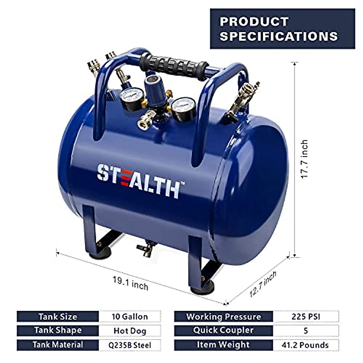 STEALTH Air Tank, 10 gallon High Pressure Air Tank with Maximum 225Psi Pressure, Ideal For Inflation Jobs, Blue-Saa-110T