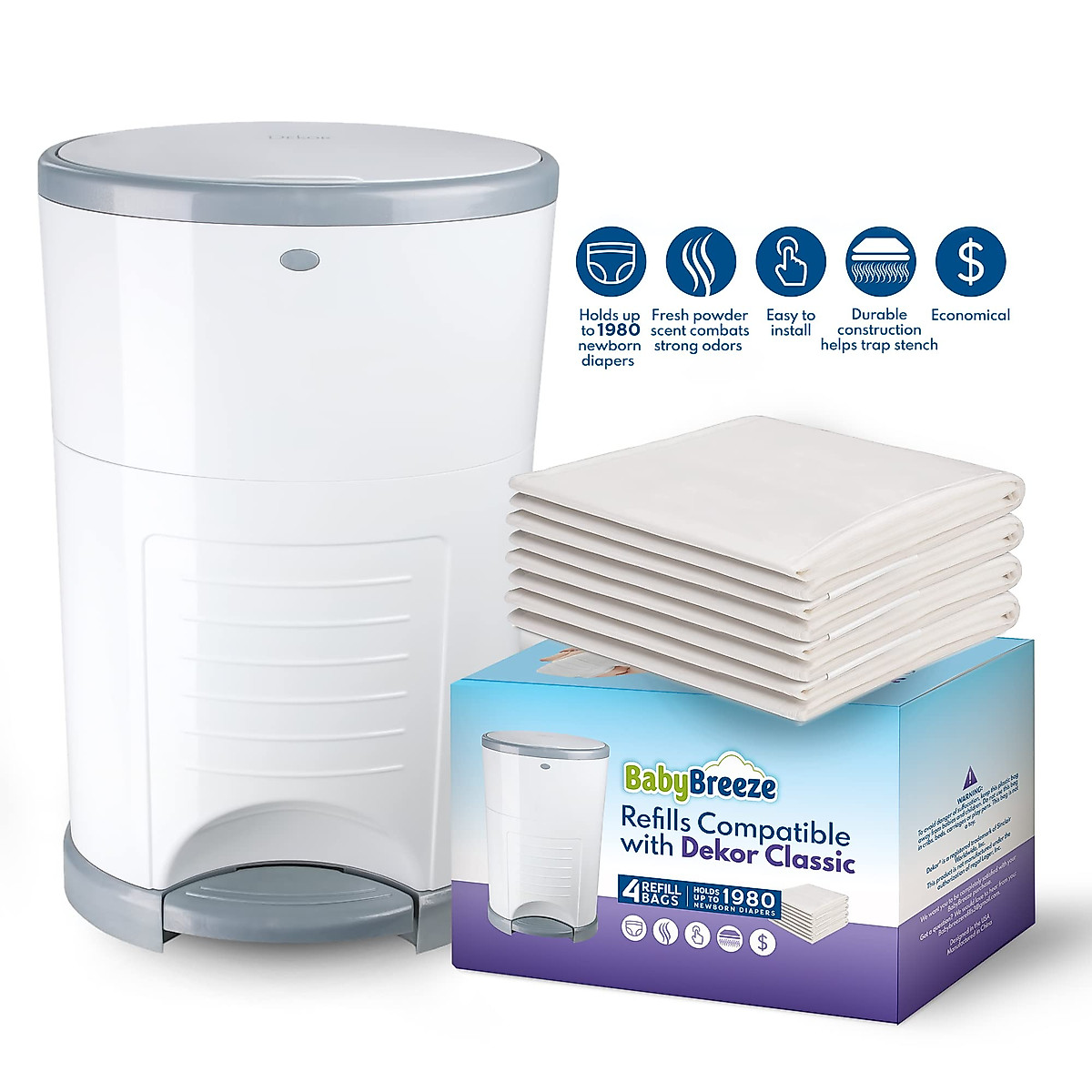 Diaper Pail Refills Compatible with Dekor Classic Diaper Pail 4 Refill Bags Holds 1980 Diapers – Strong, Durable Baby Powder Scented Refills Bags