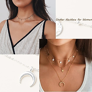 RINHOO FRIENDSHIP 4-6Pcs Multiple Layered Choker Necklace With Moon Star Coin Multi Layered Y Pendant Necklaces Set For Women (4PCS Multiple Silver Necklace)